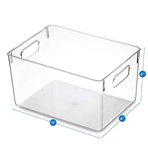 Set Of 4 Clear Pantry Organizer Bins Household Plastic Food Storage Basket with Cutout Handles for Kitchen, Countertops, Cabinets, Refrigerator, Freezer, Bedrooms, Bathrooms - 11" Wide