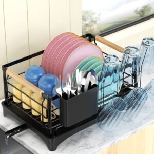 g-ting dish drying rack, dish rack for kitchen counter, rust-proof dish drainer with drying board and utensil holder for kitchen counter cabinet, 16.6” l× 12.6”w× 7.8”h, black