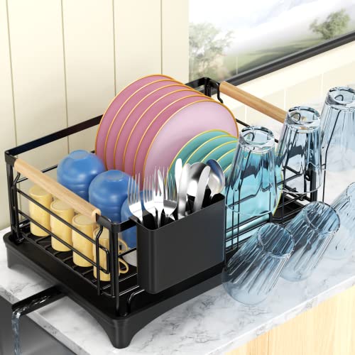 G-TING Dish Drying Rack, Dish Rack for Kitchen Counter, Rust-Proof Dish Drainer with Drying Board and Utensil Holder for Kitchen Counter Cabinet, 16.6” L× 12.6”W× 7.8”H, Black