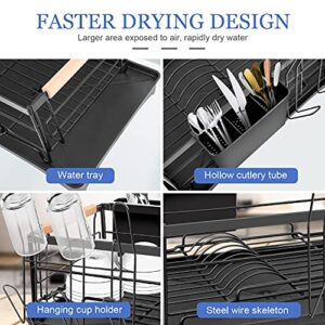 G-TING Dish Drying Rack, Dish Rack for Kitchen Counter, Rust-Proof Dish Drainer with Drying Board and Utensil Holder for Kitchen Counter Cabinet, 16.6” L× 12.6”W× 7.8”H, Black