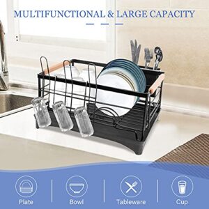 G-TING Dish Drying Rack, Dish Rack for Kitchen Counter, Rust-Proof Dish Drainer with Drying Board and Utensil Holder for Kitchen Counter Cabinet, 16.6” L× 12.6”W× 7.8”H, Black