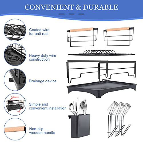 G-TING Dish Drying Rack, Dish Rack for Kitchen Counter, Rust-Proof Dish Drainer with Drying Board and Utensil Holder for Kitchen Counter Cabinet, 16.6” L× 12.6”W× 7.8”H, Black