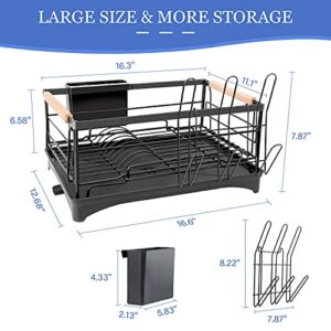 G-TING Dish Drying Rack, Dish Rack for Kitchen Counter, Rust-Proof Dish Drainer with Drying Board and Utensil Holder for Kitchen Counter Cabinet, 16.6” L× 12.6”W× 7.8”H, Black