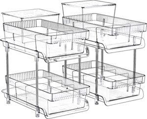 2 tier clear pull out organizers and storage – snack organization for pantry w lids/dividers, slide-out under sink organizer for bathroom and kitchen, cabinet/countertop acrylic drawers medicine bins