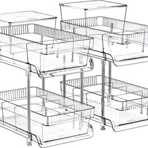 2 Tier Clear Pull Out Organizers and Storage - Snack Organization for Pantry w Lids/Dividers, Slide-Out Under Sink Organizer for Bathroom and Kitchen, Cabinet/Countertop Acrylic Drawers Medicine Bins