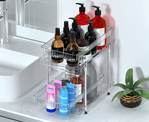 2 Tier Clear Pull Out Organizers and Storage - Snack Organization for Pantry w Lids/Dividers, Slide-Out Under Sink Organizer for Bathroom and Kitchen, Cabinet/Countertop Acrylic Drawers Medicine Bins