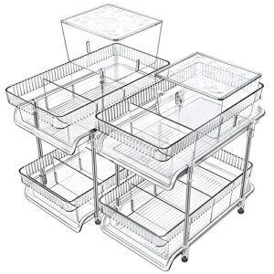 2 Tier Clear Pull Out Organizers and Storage - Snack Organization for Pantry w Lids/Dividers, Slide-Out Under Sink Organizer for Bathroom and Kitchen, Cabinet/Countertop Acrylic Drawers Medicine Bins