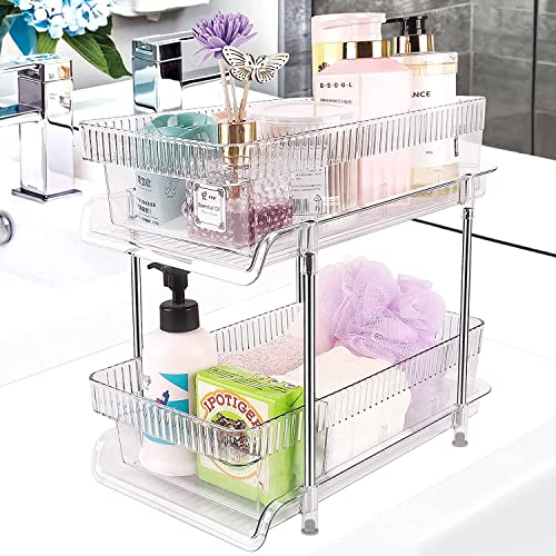 2 Tier Clear Pull Out Organizers and Storage - Snack Organization for Pantry w Lids/Dividers, Slide-Out Under Sink Organizer for Bathroom and Kitchen, Cabinet/Countertop Acrylic Drawers Medicine Bins