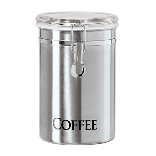 OGGI Stainless Steel Canister 62oz - Airtight Clamp Lid, Clear See-Thru Top - Ideal for Coffee Bean/Ground Coffee /Kitchen/ Pantry Storage. Large Size 5" x 7.5".