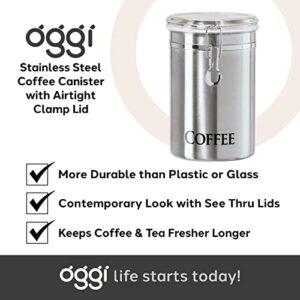 OGGI Stainless Steel Canister 62oz - Airtight Clamp Lid, Clear See-Thru Top - Ideal for Coffee Bean/Ground Coffee /Kitchen/ Pantry Storage. Large Size 5" x 7.5".