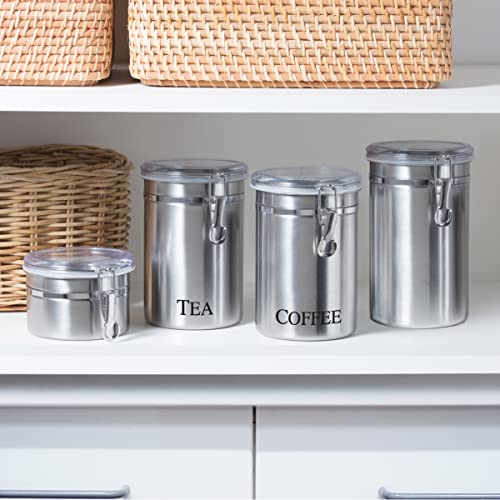 OGGI Stainless Steel Canister 62oz - Airtight Clamp Lid, Clear See-Thru Top - Ideal for Coffee Bean/Ground Coffee /Kitchen/ Pantry Storage. Large Size 5" x 7.5".