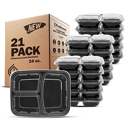 Freshware Meal Prep Containers [21 Pack] 3 Compartment with Lids, Food Storage Containers, Bento Box, BPA Free, Stackable, Microwave/Dishwasher/Freezer Safe (24 oz)