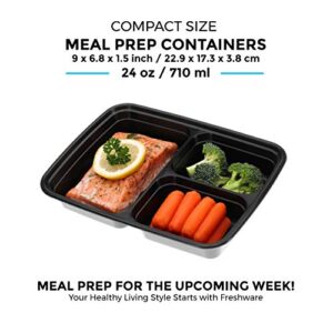 Freshware Meal Prep Containers [21 Pack] 3 Compartment with Lids, Food Storage Containers, Bento Box, BPA Free, Stackable, Microwave/Dishwasher/Freezer Safe (24 oz)