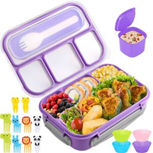 bento box, lunch box kids, 1300ml bento box adult lunch box with 4 compartment&food picks cake cups, lunch box containers for adults/kids/toddler, leak-proof, microwave/dishwasher/freezer safe(purple)