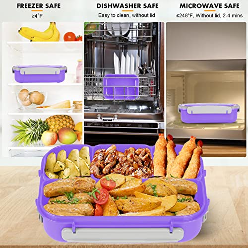 Bento Box, Lunch Box Kids, 1300ML Bento Box Adult Lunch Box with 4 Compartment&Food Picks Cake Cups, Lunch Box Containers for Adults/Kids/Toddler, Leak-Proof, Microwave/Dishwasher/Freezer Safe(Purple)