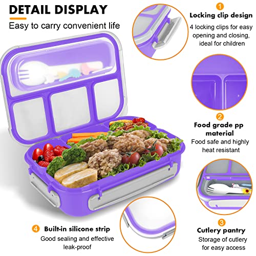 Bento Box, Lunch Box Kids, 1300ML Bento Box Adult Lunch Box with 4 Compartment&Food Picks Cake Cups, Lunch Box Containers for Adults/Kids/Toddler, Leak-Proof, Microwave/Dishwasher/Freezer Safe(Purple)