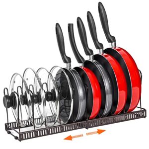 roohua pot rack organizer -expandable pot and pan organizer for cabinet,pot lid organizer holder with 10 adjustable compartment for kitchen cabinet cookware baking frying rack,bronze