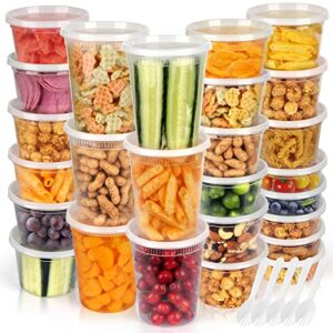 [50 pack,3 sizes] food storage containers with lids, 50 combo pack 8oz, 16oz, 32oz airtight deli food containers w 10 spoons, bpa-free leakproof takeout meal prep dishwasher, microwave, freezer safe