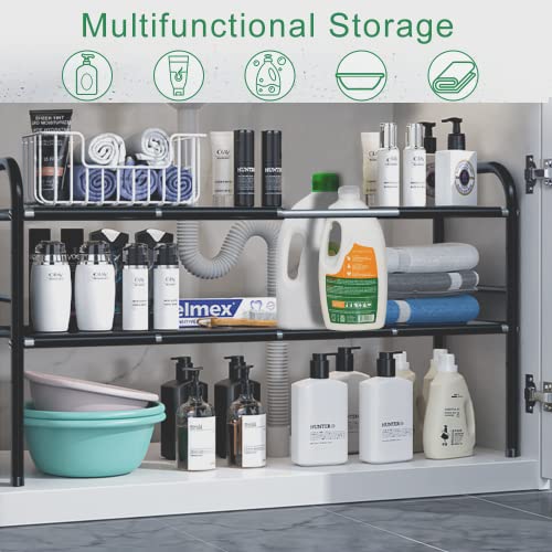 NETEL Under Sink Organizer, Expandable Cabinet Shelf Organizer 2 Tier Under Bathroom Storage Rack with Removable Panels,Multi-Use for Under Kitchen Bathroom Sink Organizers and Storage