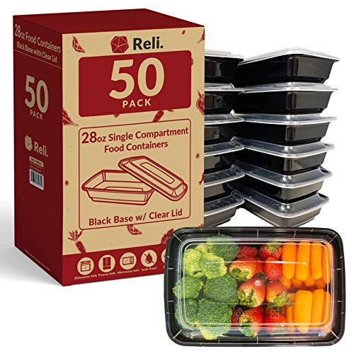 Reli. (50 Pack 28 oz. Meal Prep Containers - 1 Compartment Food Containers with Lids, Stackable Microwavable Freezer Dishwasher Safe Plastic Food Storage - Black Reusable BPA Free Bento Box/Lunch Box