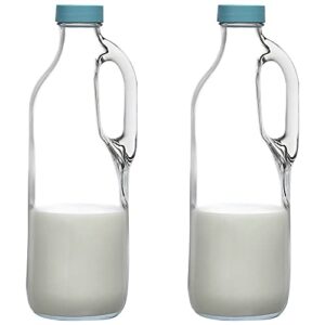 2 pc 47oz clear glass milk bottles glass pitcher with handle and lids – airtight milk container for refrigerator jug water juice heavy milk bottle liquid containers for kitchen