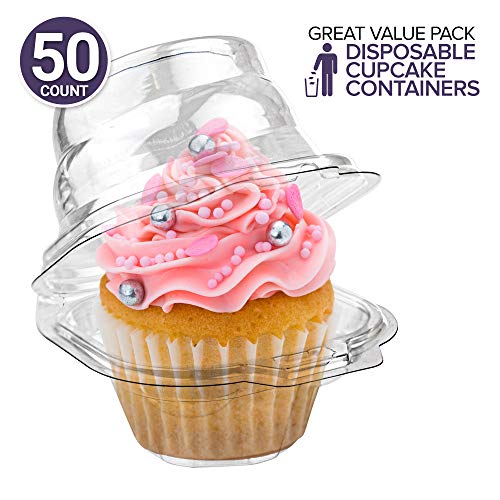 Stock Your Home Individual Plastic Cupcake Containers Disposable with Connected Airtight Dome Lid (50 Count) Clear Single Cupcake Container, BPA Free