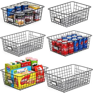 6 pack [ extra large ] wire storage baskets for organizing with lables, pantry organization bins for cabinets – metal basket for kitchen, laundry, garage, fridge, bathroom countertop organizer, black