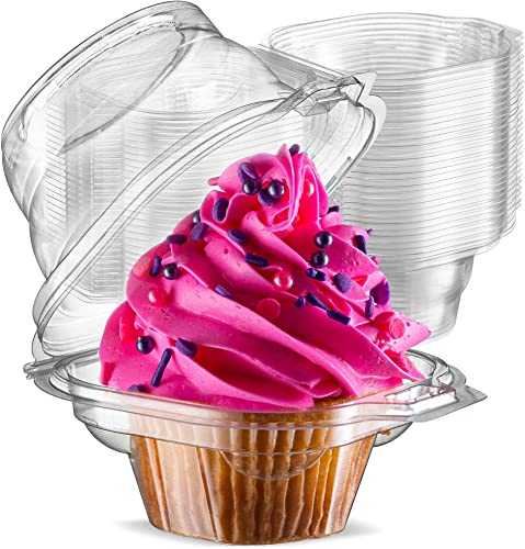 Prestee 100 Individual Cupcake Containers - Stackable | Cupcake Boxes Individual | Cupcake Holders | Single Cupcake Boxes | With Connected Airtight Deep Dome Lid | BPA-Free