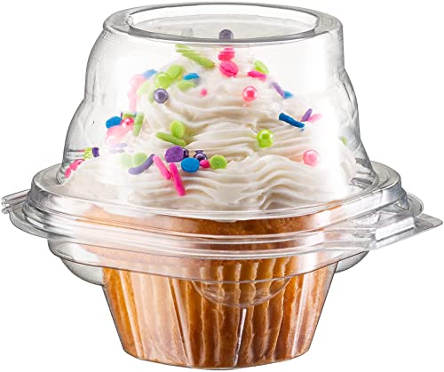 Prestee 100 Individual Cupcake Containers - Stackable | Cupcake Boxes Individual | Cupcake Holders | Single Cupcake Boxes | With Connected Airtight Deep Dome Lid | BPA-Free