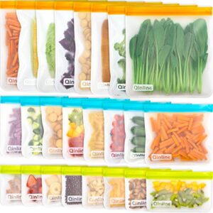 qinline reusable food storage bags – 24 pack bpa free flat freezer bags(8 reusable gallon bags + 8 leakproof reusable sandwich bags + 8 food grade kids snack bags)