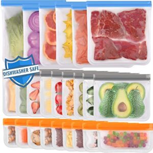 24 pack dishwasher safe reusable bags silicone, extra thick leakproof reusable freezer bags, bpa free reusable sandwich bags for lunch meat veggies (6 gallon 9 snack 9 sandwich bags)