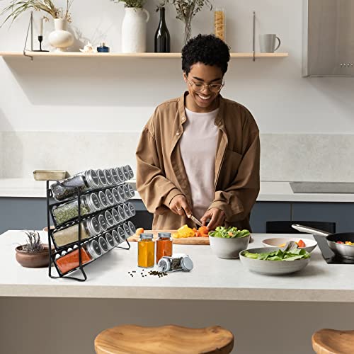 Spice Rack with 28 Spice Jars, Spice Rack Organizer for Cabinet, Spice Jars with Labels, Chalk Marker and Funnel, 4 Tier Spice Rack for Cabinet, Countertop, Pantry, Cupboard, Door or Wall Mount