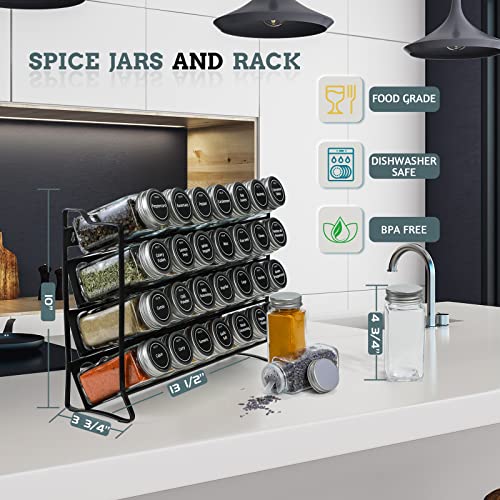 Spice Rack with 28 Spice Jars, Spice Rack Organizer for Cabinet, Spice Jars with Labels, Chalk Marker and Funnel, 4 Tier Spice Rack for Cabinet, Countertop, Pantry, Cupboard, Door or Wall Mount