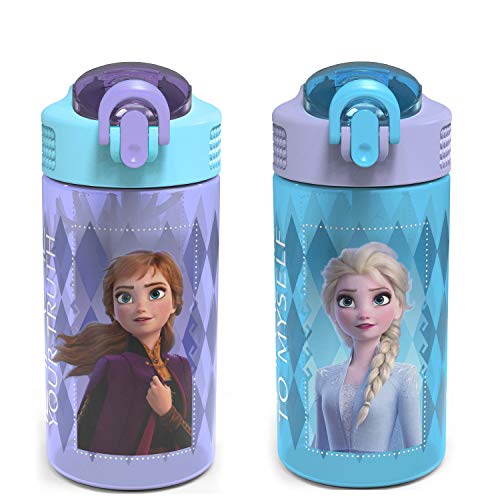 Zak Designs Disney Frozen 2 Kids Water Bottle Set with Reusable Straws and Built in Carrying Loops, Made of Plastic, Leak-Proof Water Bottle Designs (Elsa & Anna, 16 oz, BPA-Free, 2pc Set)