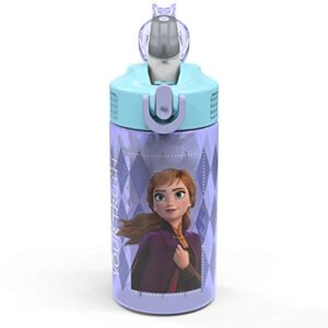 Zak Designs Disney Frozen 2 Kids Water Bottle Set with Reusable Straws and Built in Carrying Loops, Made of Plastic, Leak-Proof Water Bottle Designs (Elsa & Anna, 16 oz, BPA-Free, 2pc Set)