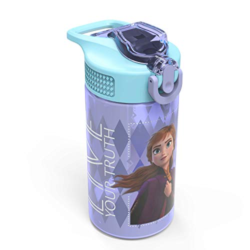 Zak Designs Disney Frozen 2 Kids Water Bottle Set with Reusable Straws and Built in Carrying Loops, Made of Plastic, Leak-Proof Water Bottle Designs (Elsa & Anna, 16 oz, BPA-Free, 2pc Set)