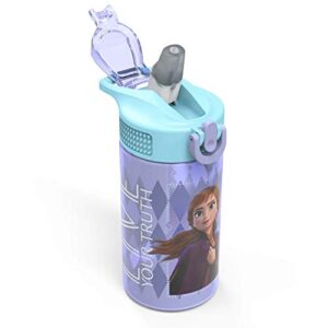 Zak Designs Disney Frozen 2 Kids Water Bottle Set with Reusable Straws and Built in Carrying Loops, Made of Plastic, Leak-Proof Water Bottle Designs (Elsa & Anna, 16 oz, BPA-Free, 2pc Set)