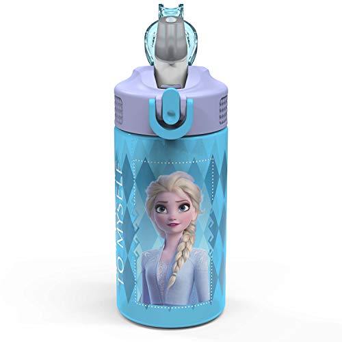 Zak Designs Disney Frozen 2 Kids Water Bottle Set with Reusable Straws and Built in Carrying Loops, Made of Plastic, Leak-Proof Water Bottle Designs (Elsa & Anna, 16 oz, BPA-Free, 2pc Set)