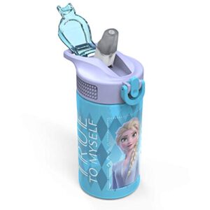 Zak Designs Disney Frozen 2 Kids Water Bottle Set with Reusable Straws and Built in Carrying Loops, Made of Plastic, Leak-Proof Water Bottle Designs (Elsa & Anna, 16 oz, BPA-Free, 2pc Set)