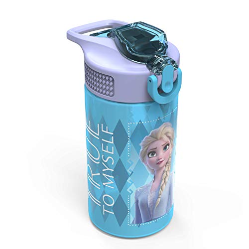 Zak Designs Disney Frozen 2 Kids Water Bottle Set with Reusable Straws and Built in Carrying Loops, Made of Plastic, Leak-Proof Water Bottle Designs (Elsa & Anna, 16 oz, BPA-Free, 2pc Set)