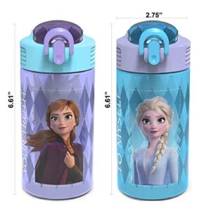 Zak Designs Disney Frozen 2 Kids Water Bottle Set with Reusable Straws and Built in Carrying Loops, Made of Plastic, Leak-Proof Water Bottle Designs (Elsa & Anna, 16 oz, BPA-Free, 2pc Set)