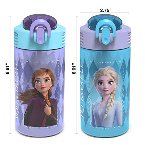 Zak Designs Disney Frozen 2 Kids Water Bottle Set with Reusable Straws and Built in Carrying Loops, Made of Plastic, Leak-Proof Water Bottle Designs (Elsa & Anna, 16 oz, BPA-Free, 2pc Set)