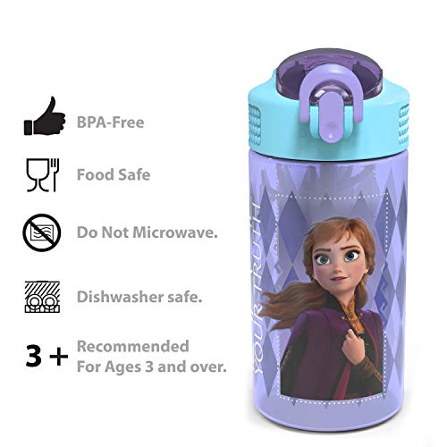 Zak Designs Disney Frozen 2 Kids Water Bottle Set with Reusable Straws and Built in Carrying Loops, Made of Plastic, Leak-Proof Water Bottle Designs (Elsa & Anna, 16 oz, BPA-Free, 2pc Set)