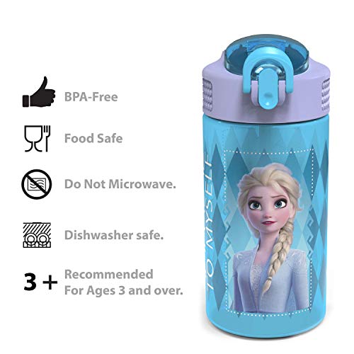 Zak Designs Disney Frozen 2 Kids Water Bottle Set with Reusable Straws and Built in Carrying Loops, Made of Plastic, Leak-Proof Water Bottle Designs (Elsa & Anna, 16 oz, BPA-Free, 2pc Set)