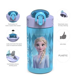 Zak Designs Disney Frozen 2 Kids Water Bottle Set with Reusable Straws and Built in Carrying Loops, Made of Plastic, Leak-Proof Water Bottle Designs (Elsa & Anna, 16 oz, BPA-Free, 2pc Set)