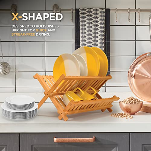 Collapsible Dish Drying Rack - Bamboo 2-Tier Dish Drainer Kitchen Plate Rack for Kitchen Countertop - Foldable & Compact for Space-Saving Storage