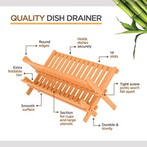 Collapsible Dish Drying Rack - Bamboo 2-Tier Dish Drainer Kitchen Plate Rack for Kitchen Countertop - Foldable & Compact for Space-Saving Storage