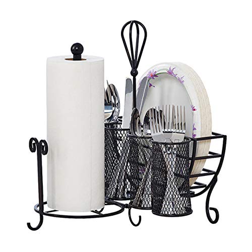 Gourmet Basics by Mikasa Avilla Picnic Plate Napkin and Flatware Storage Caddy with Paper Towel Holder, Complete Service, Antique Black