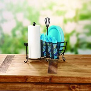 Gourmet Basics by Mikasa Avilla Picnic Plate Napkin and Flatware Storage Caddy with Paper Towel Holder, Complete Service, Antique Black