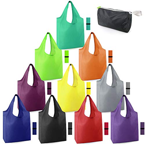 BeeGreen Reusable-Grocery-Bags-Foldable-Machine-Washable-Reusable-Shopping-Bags-Bulk Colorful 10 Pack 50LBS Extra Large Folding Reusable Bags Totes w Zipper Storage Bag Lightweight Polyester Fabric